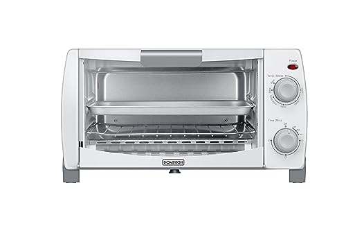 Dominion 4 Slice Small Toaster Oven Countertop, Retro Compact Design, Multi-Function with 30-Minute Timer, Bake, Broil, Toast, 1000 Watts, 2-Rack Capacity, White