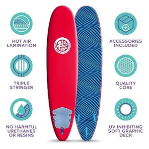 Bloo Tide 8ft Surfboard Soft top Red with Blue Wavizm Design Bottom Graphic