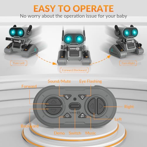 STEMTRON RC Robot Toys for Kids, Rechargeable Remote Control Robot Toy for Boys & Girls, with Auto Demo, Dance Moves, Music, Shining 7 Colors LED Eyes & Flexible Head, Ears & Arms