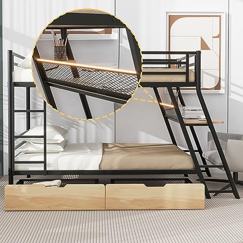 VilroCaz Multi-Functional Twin Size Metal Bunk Bed with Built-in Desk and Light, Metal Bunk Bed Frame with Safety Guardrail and 2 Storage Drawers, Trapezoid Design Bunk Bed for Kids Teens Adults