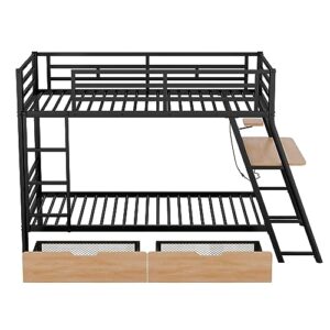 VilroCaz Multi-Functional Twin Size Metal Bunk Bed with Built-in Desk and Light, Metal Bunk Bed Frame with Safety Guardrail and 2 Storage Drawers, Trapezoid Design Bunk Bed for Kids Teens Adults