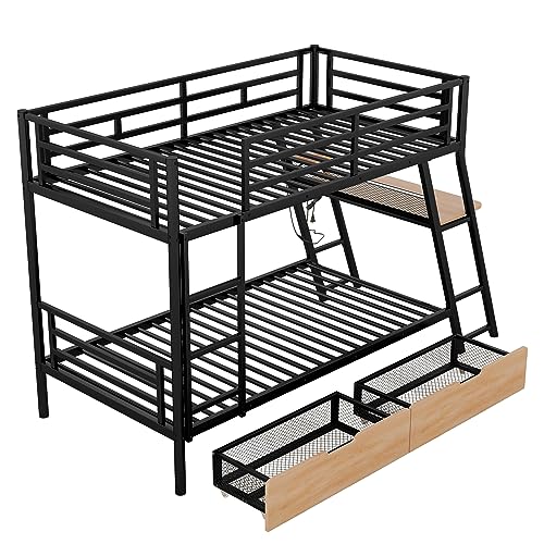 VilroCaz Multi-Functional Twin Size Metal Bunk Bed with Built-in Desk and Light, Metal Bunk Bed Frame with Safety Guardrail and 2 Storage Drawers, Trapezoid Design Bunk Bed for Kids Teens Adults