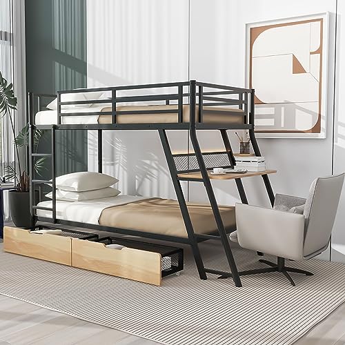 VilroCaz Multi-Functional Twin Size Metal Bunk Bed with Built-in Desk and Light, Metal Bunk Bed Frame with Safety Guardrail and 2 Storage Drawers, Trapezoid Design Bunk Bed for Kids Teens Adults