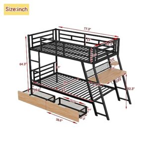 VilroCaz Multi-Functional Twin Size Metal Bunk Bed with Built-in Desk and Light, Metal Bunk Bed Frame with Safety Guardrail and 2 Storage Drawers, Trapezoid Design Bunk Bed for Kids Teens Adults