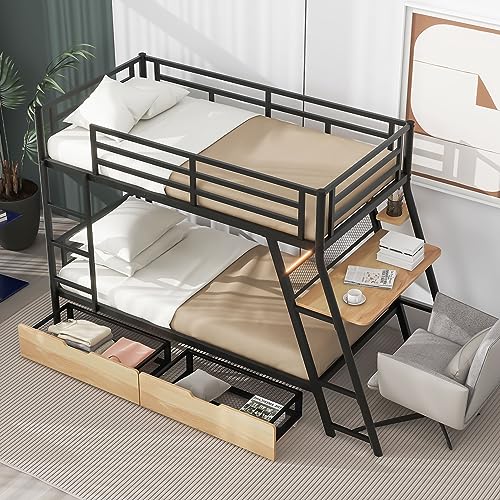 VilroCaz Multi-Functional Twin Size Metal Bunk Bed with Built-in Desk and Light, Metal Bunk Bed Frame with Safety Guardrail and 2 Storage Drawers, Trapezoid Design Bunk Bed for Kids Teens Adults