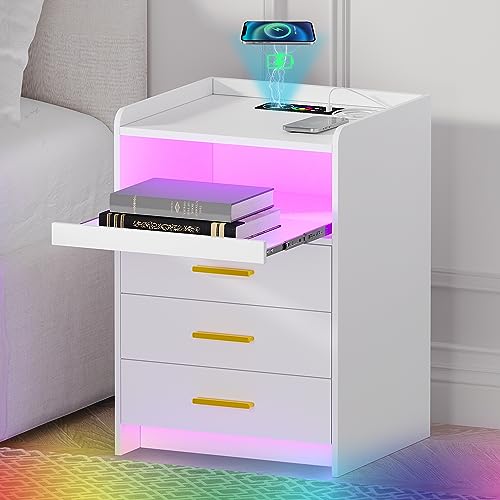 Gurexl RGB Nightstand with Wireless Charging Station, Auto Sensor LED 24 Color Dimmable Night Stand for Bedroom, Modern Bedside Table with 3 Drawers