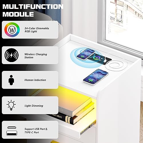 Gurexl RGB Nightstand with Wireless Charging Station, Auto Sensor LED 24 Color Dimmable Night Stand for Bedroom, Modern Bedside Table with 3 Drawers