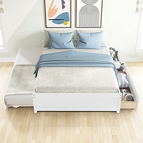 OPTOUGH Full Size Platform Bed with Trundle and 2 Drawers, Solid Wood Full Kids Beds, White