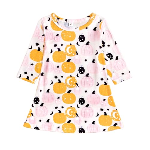 1-6T Toddler Kids Baby Girls Halloween Outfits Ghost Pumpkin Print Long Sleeve Dress Winter Clothes (Yellow, 5-6 T)