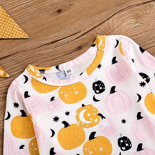 1-6T Toddler Kids Baby Girls Halloween Outfits Ghost Pumpkin Print Long Sleeve Dress Winter Clothes (Yellow, 5-6 T)