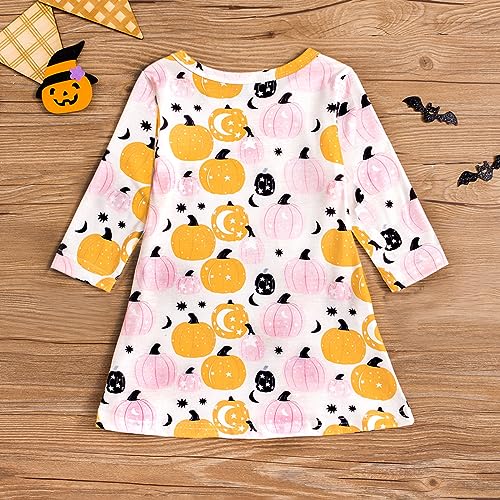 1-6T Toddler Kids Baby Girls Halloween Outfits Ghost Pumpkin Print Long Sleeve Dress Winter Clothes (Yellow, 5-6 T)