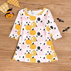 1-6T Toddler Kids Baby Girls Halloween Outfits Ghost Pumpkin Print Long Sleeve Dress Winter Clothes (Yellow, 5-6 T)