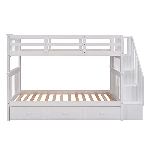 Harper & Bright Designs Twin Over Twin Bunk Bed with Stairs and Drawers, Solid Wood Stairway Bunk Bed with Storage for Kids Teens Adults, Bedroom, Dorm - White