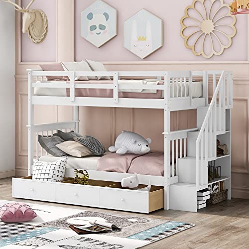 Harper & Bright Designs Twin Over Twin Bunk Bed with Stairs and Drawers, Solid Wood Stairway Bunk Bed with Storage for Kids Teens Adults, Bedroom, Dorm - White