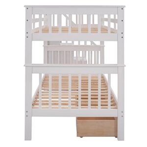 Harper & Bright Designs Twin Over Twin Bunk Bed with Stairs and Drawers, Solid Wood Stairway Bunk Bed with Storage for Kids Teens Adults, Bedroom, Dorm - White