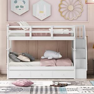 Harper & Bright Designs Twin Over Twin Bunk Bed with Stairs and Drawers, Solid Wood Stairway Bunk Bed with Storage for Kids Teens Adults, Bedroom, Dorm - White