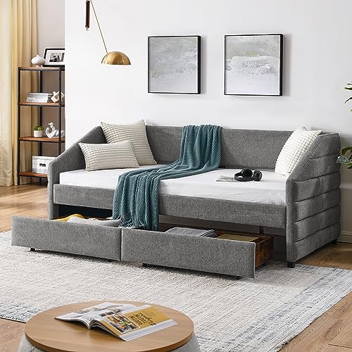 Twin Size Daybed with Storage Drawers, Linen Upholstered Sofa Bed Frame, Modern Tufted Day Beds for Bedroom Living Room Guest Room, Gray