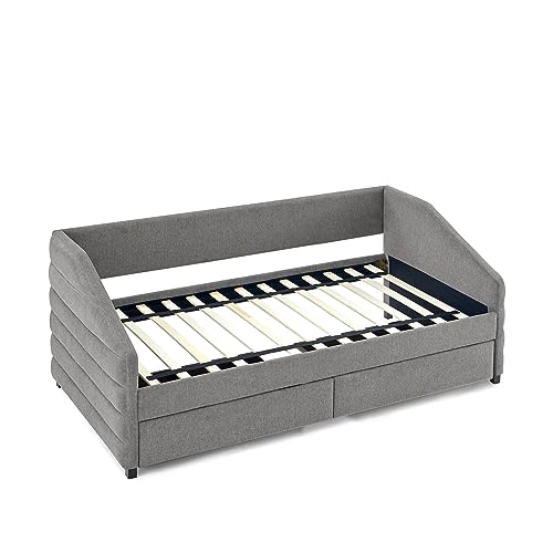 Twin Size Daybed with Storage Drawers, Linen Upholstered Sofa Bed Frame, Modern Tufted Day Beds for Bedroom Living Room Guest Room, Gray