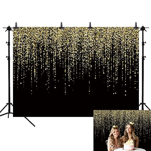 YMWQLAL Black and Gold Glitter Party Photo Backdrop Black Gold Glitter Sequin Spots Photography Background for Birthday Anniversary Prom Sparkle Banner Photo Shoot Props Decoration (7x5 FT)