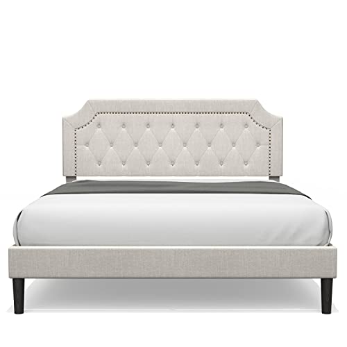 BONSOIR Queen Size Sand Color Bed Frame Upholstered Low Profile Traditional Platform with Tufted and Nail Headboard