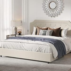 BONSOIR Queen Size Sand Color Bed Frame Upholstered Low Profile Traditional Platform with Tufted and Nail Headboard