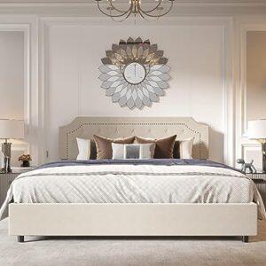 BONSOIR Queen Size Sand Color Bed Frame Upholstered Low Profile Traditional Platform with Tufted and Nail Headboard