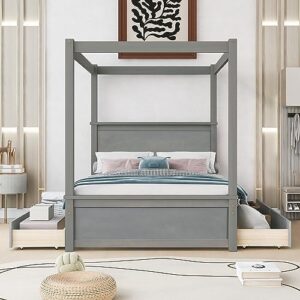 wadri modern full size canopy platform bed with 4 drawers, wood canopy platform bed with support slat, 4-post canopy platform bed frame for kids teens adult, no box spring needed (brushed gray-3)