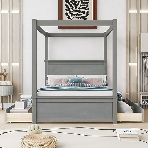 WADRI Modern Full Size Canopy Platform Bed with 4 Drawers, Wood Canopy Platform Bed with Support Slat, 4-Post Canopy Platform Bed Frame for Kids Teens Adult, No Box Spring Needed (Brushed Gray-3)