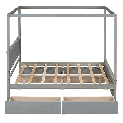 WADRI Modern Full Size Canopy Platform Bed with 4 Drawers, Wood Canopy Platform Bed with Support Slat, 4-Post Canopy Platform Bed Frame for Kids Teens Adult, No Box Spring Needed (Brushed Gray-3)