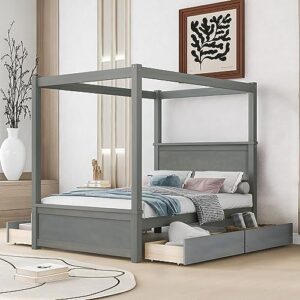 WADRI Modern Full Size Canopy Platform Bed with 4 Drawers, Wood Canopy Platform Bed with Support Slat, 4-Post Canopy Platform Bed Frame for Kids Teens Adult, No Box Spring Needed (Brushed Gray-3)