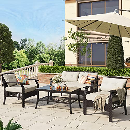 4 Piece Patio Furniture Set Outdoor Wicker Sectional Sofa Conversation Sets, with Modern Glass Coffee Table Desktop and Storage Shelf, Beige All Weather Patio Rattan Chair Sofa Set (D)