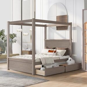 siysnksi modern full size canopy platform bed with 2 drawers, wood canopy platform bed with support slat, 4-post canopy platform bed frame for kids teens adult (brushed light brown-2 drawers)