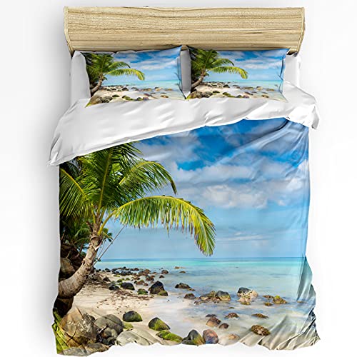 Maliyand Full Duvet Cover Set of 3,Palm Tree Beach Sea Cloud Blue Sky Island Reef Stone Duvet Covers with Zipper Closure and Corner Ties(1 Comforter Cover +2 Pillow Cases)