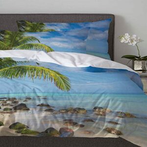 Maliyand Full Duvet Cover Set of 3,Palm Tree Beach Sea Cloud Blue Sky Island Reef Stone Duvet Covers with Zipper Closure and Corner Ties(1 Comforter Cover +2 Pillow Cases)