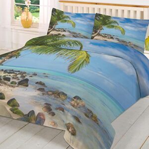 Maliyand Full Duvet Cover Set of 3,Palm Tree Beach Sea Cloud Blue Sky Island Reef Stone Duvet Covers with Zipper Closure and Corner Ties(1 Comforter Cover +2 Pillow Cases)