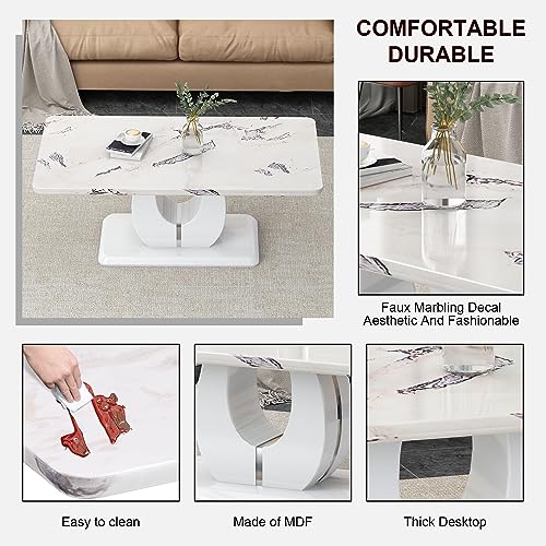 Marble Coffee Table,47 in Rectangular Coffee Tables,Modern Coffee Table with Faux Marble Top & U Shape Pedestal Base,White Marble Coffee Table for Living Room Office