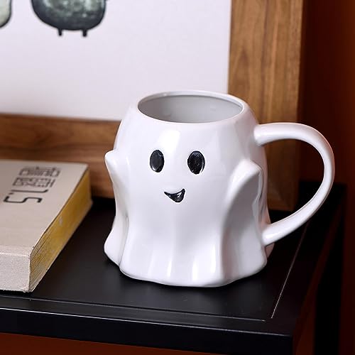 UNNIQ Spooky Ghost Mug - Creative Ceramic Ghostface Cup for Milk, Halloween Coffee Cup, White Ceramic Ghost Shaped 3D Coffee Cup with Handle, Cute Halloween Mugs for Friends, Family, Colleagues