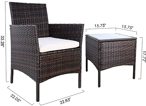 3pcs Patio Furniture Bistro Set PE Rattan Wicker Chairs with Coffee Table Set, Brown