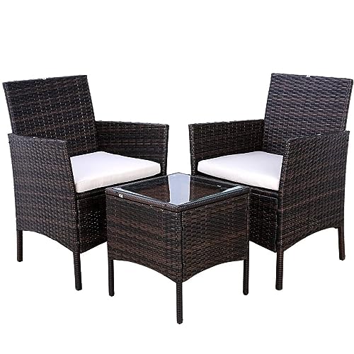 3pcs Patio Furniture Bistro Set PE Rattan Wicker Chairs with Coffee Table Set, Brown