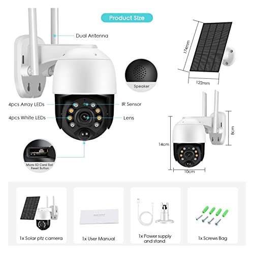 Security Camera Camera 3MP FHD Solar Battery PTZ WiFi Camera Outdoor Waterproof PIR Alarm Motion Detection P2P CCTV Camera IR Color Night Vision Surveillance Camera with Spotlight (Color : 3MP Cam,