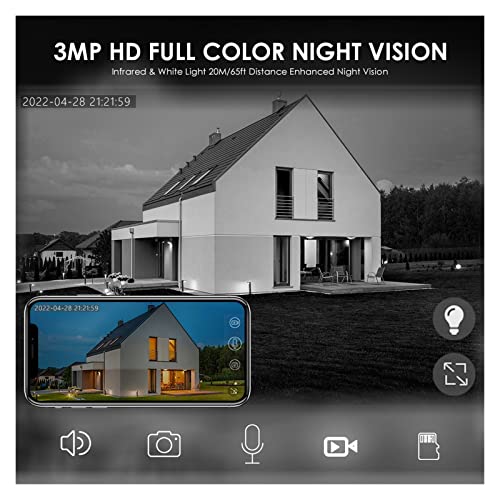 Security Camera Camera 3MP FHD Solar Battery PTZ WiFi Camera Outdoor Waterproof PIR Alarm Motion Detection P2P CCTV Camera IR Color Night Vision Surveillance Camera with Spotlight (Color : 3MP Cam,