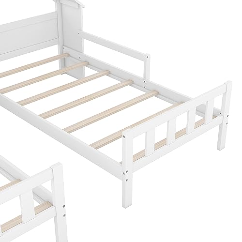 SOFTSEA Twin and Twin Bed Frame with House-Shaped Headboard and Built-in Nightstand 2 Beds in One for Juniors Kids