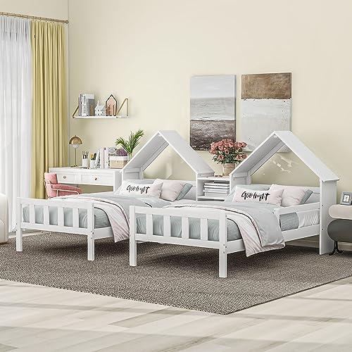 SOFTSEA Twin and Twin Bed Frame with House-Shaped Headboard and Built-in Nightstand 2 Beds in One for Juniors Kids