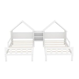 SOFTSEA Twin and Twin Bed Frame with House-Shaped Headboard and Built-in Nightstand 2 Beds in One for Juniors Kids