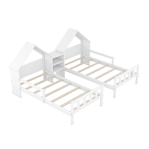 SOFTSEA Twin and Twin Bed Frame with House-Shaped Headboard and Built-in Nightstand 2 Beds in One for Juniors Kids