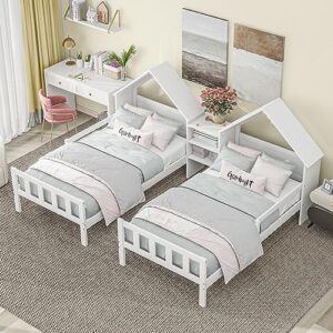 SOFTSEA Twin and Twin Bed Frame with House-Shaped Headboard and Built-in Nightstand 2 Beds in One for Juniors Kids