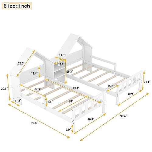 SOFTSEA Twin and Twin Bed Frame with House-Shaped Headboard and Built-in Nightstand 2 Beds in One for Juniors Kids