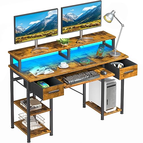 Uliyati 47 Inch Computer Desk with LED Lights & Power Outlets, Home Office Desks with Keyboard Tray & Drawers, PC Gaming Desk with Monitor Shelf & Storage Shelves, for Home Office Studio -Rustic Brown