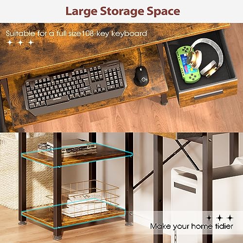 Uliyati 47 Inch Computer Desk with LED Lights & Power Outlets, Home Office Desks with Keyboard Tray & Drawers, PC Gaming Desk with Monitor Shelf & Storage Shelves, for Home Office Studio -Rustic Brown