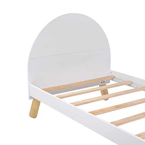 OPTOUGH Twin Size Wooden Cute Platform Bed with Curved Headboard,Bed Frame with Slat Supports and Shelf Behind Headboard for Kids Boys Girls,White